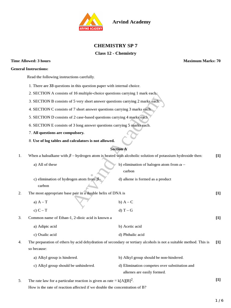 Chemistry Sample Paper 7 | PDF | Proteins | Rna