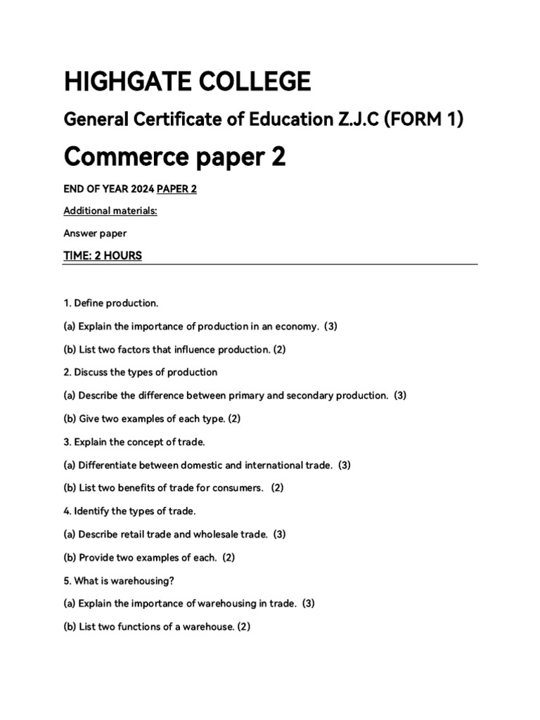 Form 1 Commerce Paper2 | PDF