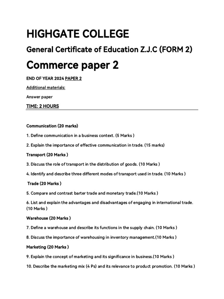 Form 2 Commerce Paper 2 Exam 2024 | PDF