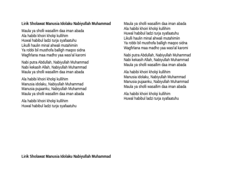 Lirik Sholawat Manusia Idolaku Nabiyullah Muhammad | PDF