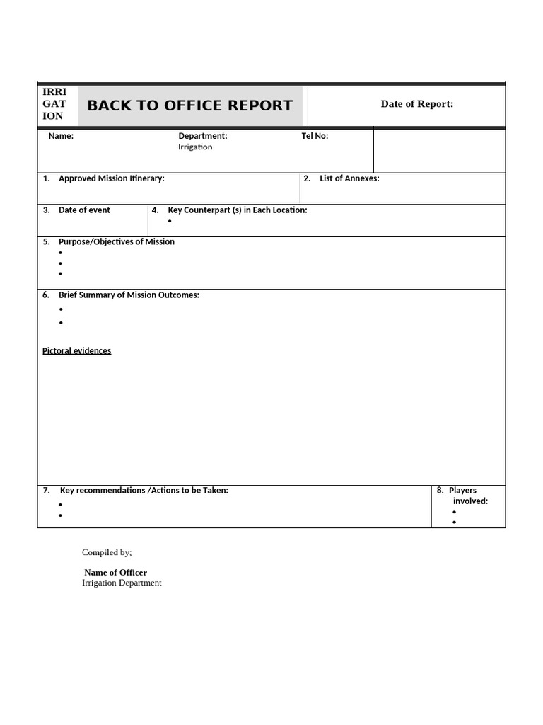 Irrigation Department Back To Office Report Template | PDF