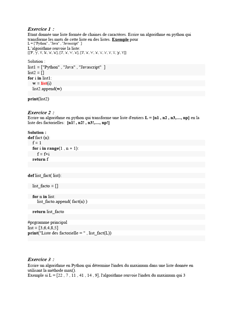 Algorithmes Python pour manipuler des listes | PDF