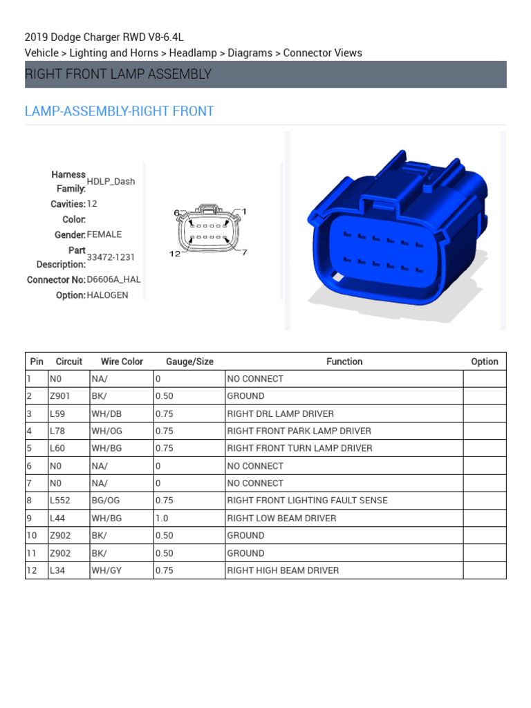 2019 Dodge Charger Right Front Headlamp Connector | PDF