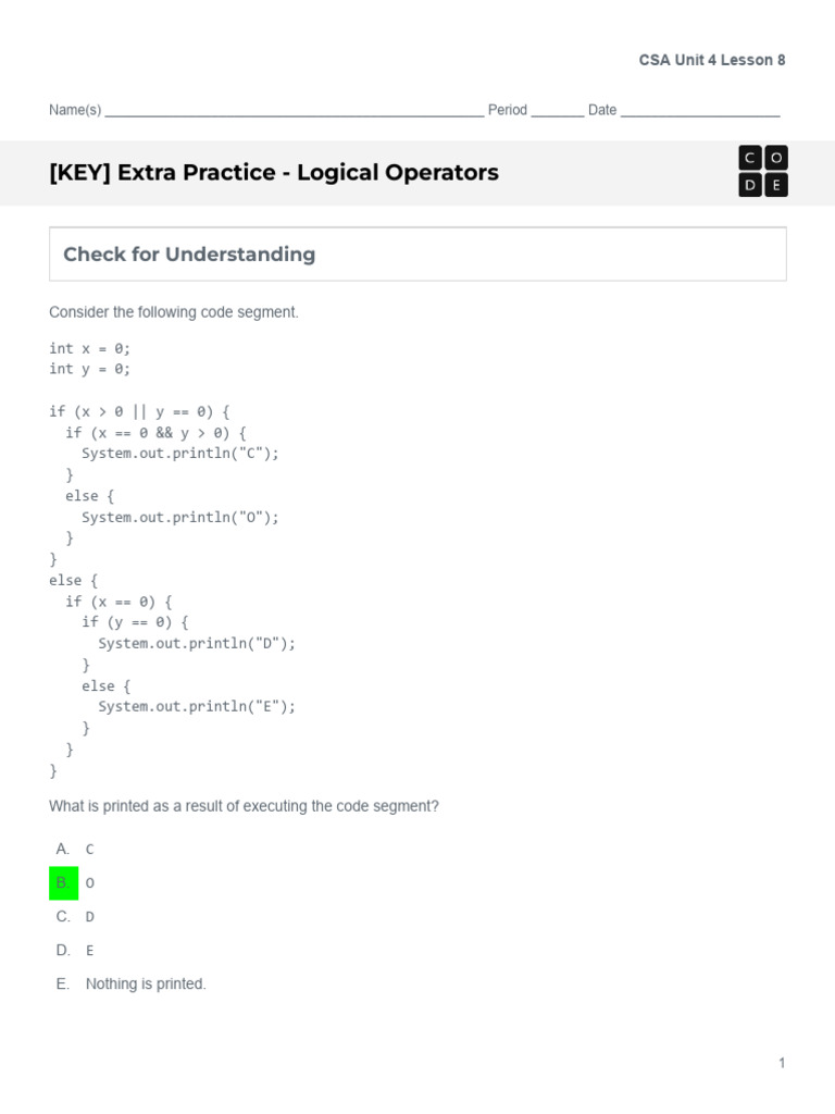 (Key) Csa U4l8 Logical Operators Extra Practice | PDF | Boolean Data Type | Mathematics