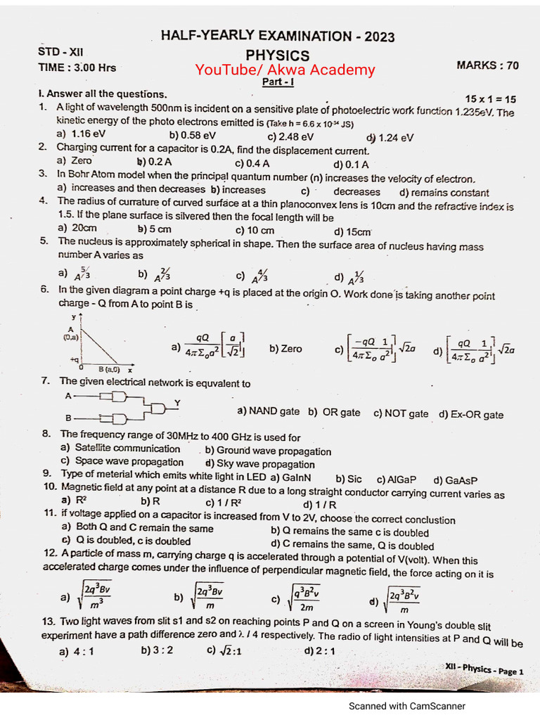 12th Physics EM Half Yearly Exam 2023 Question Paper Tirupattur District English Medium PDF ...