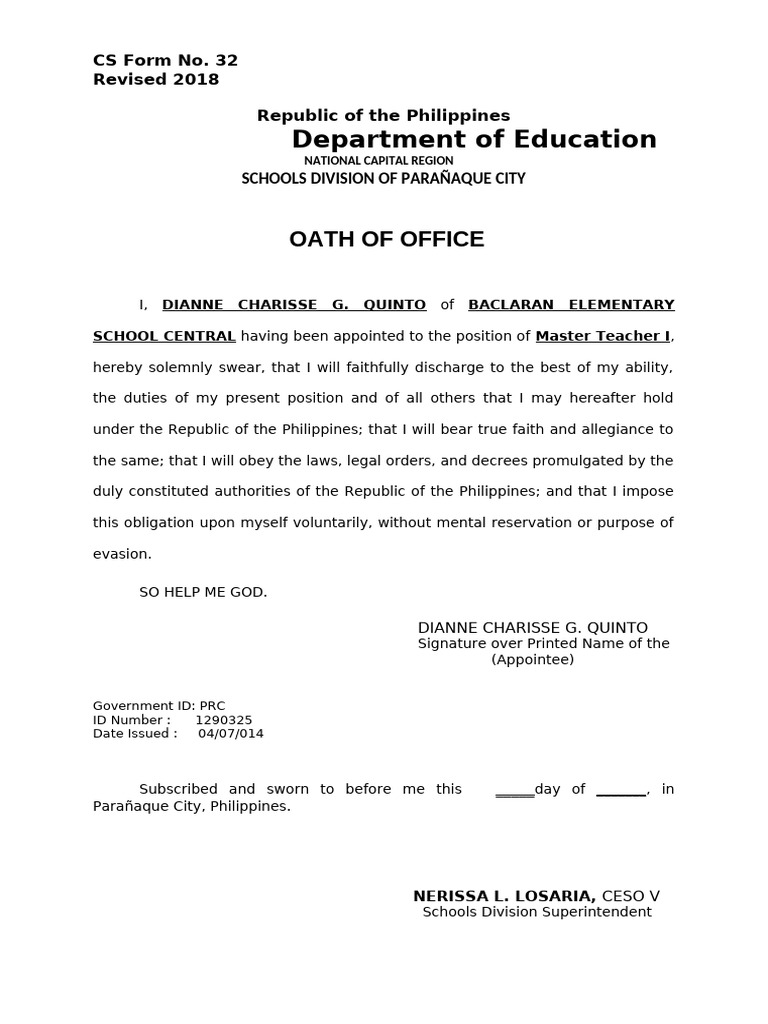 Oath and Certification for Master Teacher I | PDF | Oath Of Office ...