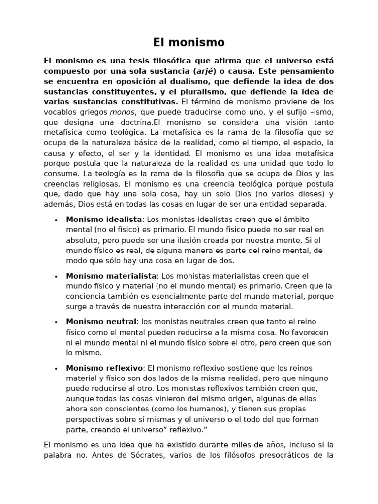 El monismo | PDF | Monismo | Teorías metafísicas