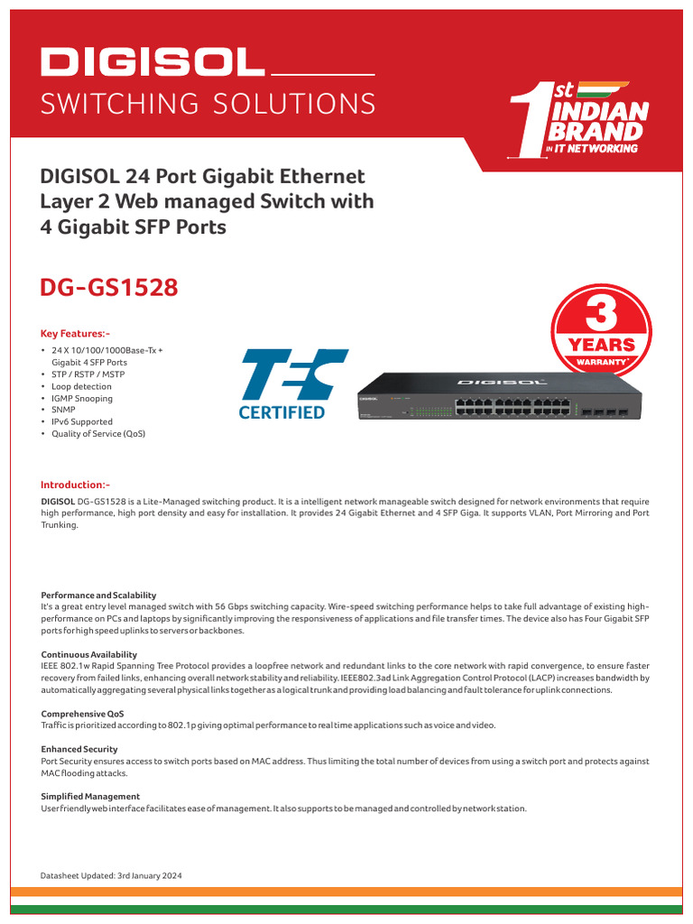 DG GS1528 DIGISOL 24 Port Gigabit Ethernet Layer 2 Web Managed Switch ...