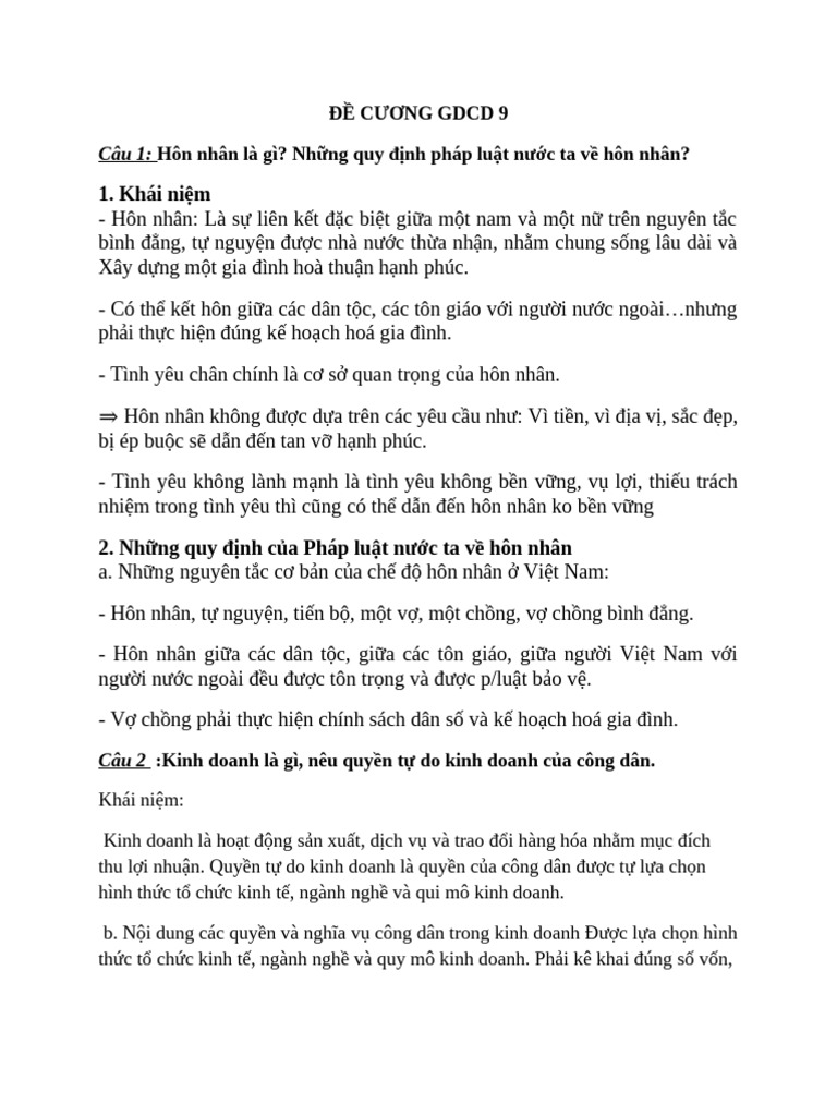 ĐỀ CƯƠNG GDCD 9 | PDF