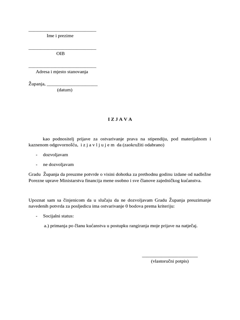 Suglasnost Studenta Za Preuzimanje Potvrde o Visini Dohodku | PDF