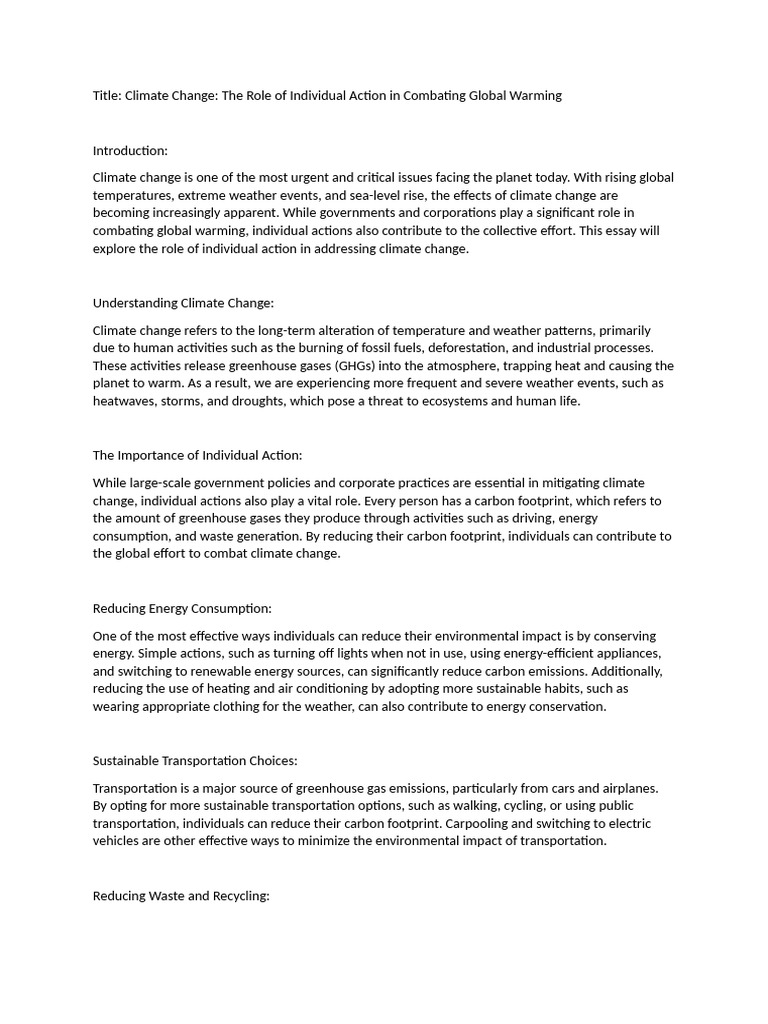 Climate Change, The Role of Individual Action in Combating Global ...