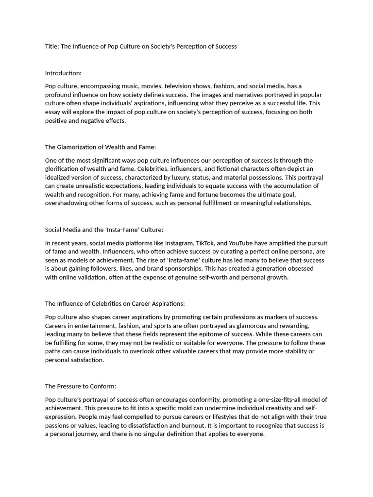 The Influence of Pop Culture On Society's Perception of Success | PDF ...