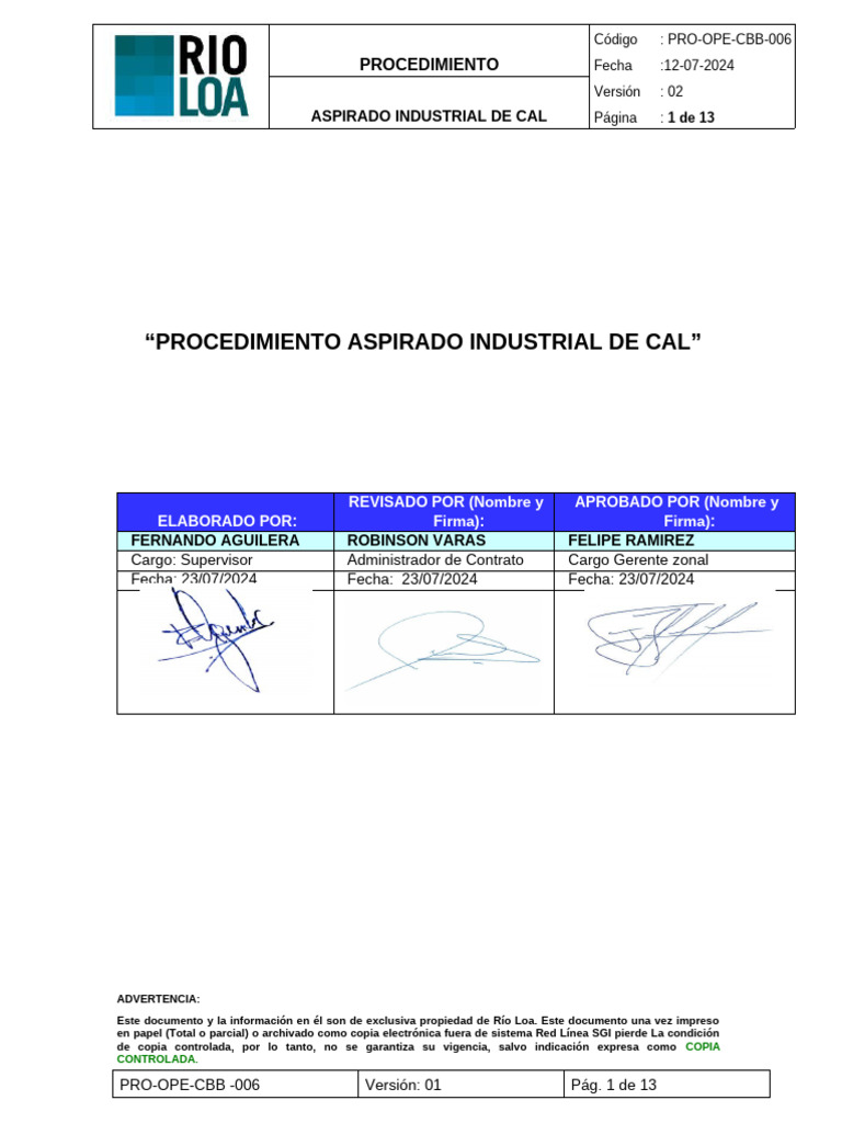 PRO-OPE-CBB-006 Aspirado Industrial CAL | PDF | Camión | Electrónica
