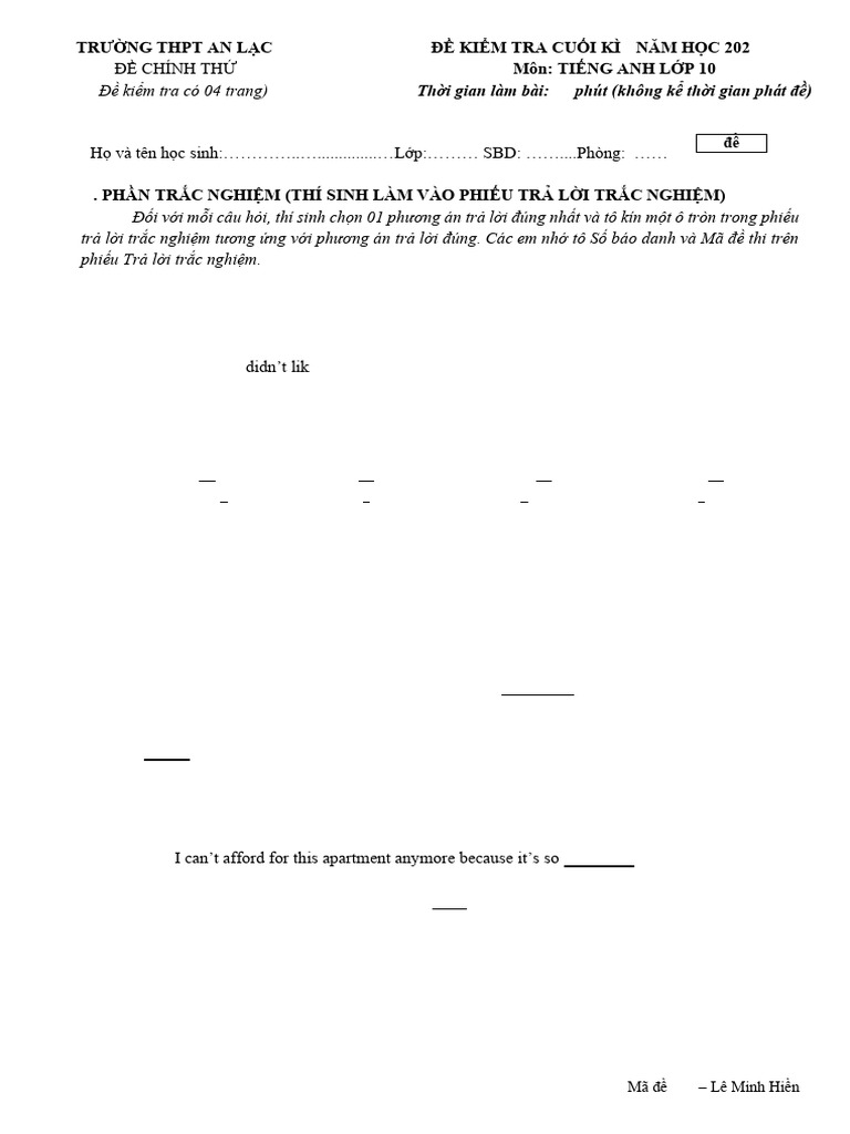 LMH - Đề thi thử cuối HK1 lớp 10 | PDF