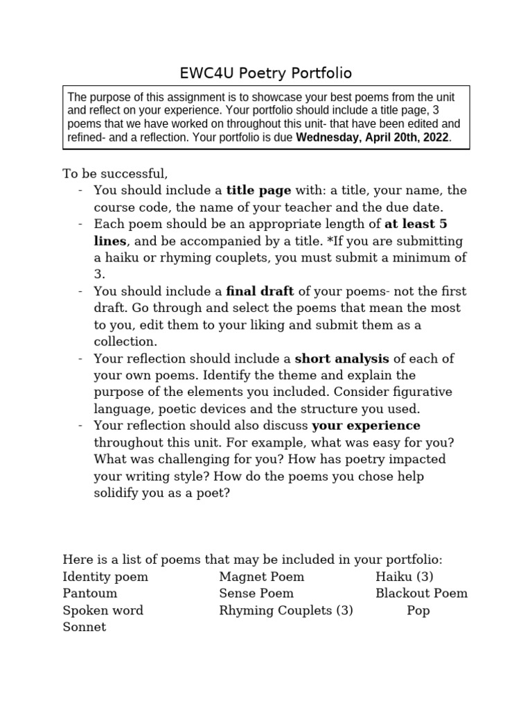EWC4U Poetry Portfolio Guide | PDF | Poetry | Stanzaic Form