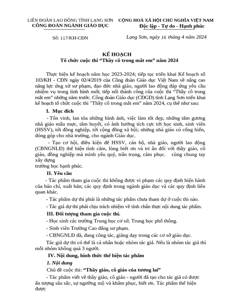KH 117 - Ke Hoach Trien Khai Cuoc Thi Thay Co Trong Mat em Nam 2024 A5203 | PDF