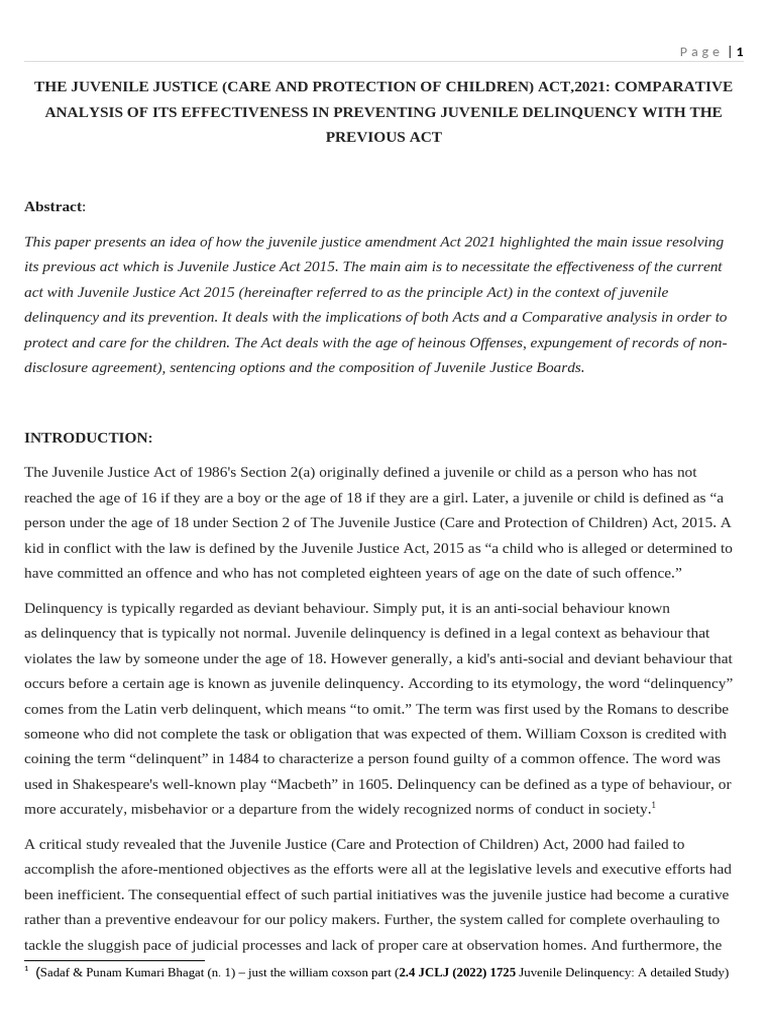 The Juvenile Justice (Care and Protection of Children) Act, 2021 Comparative Analysis of Its ...
