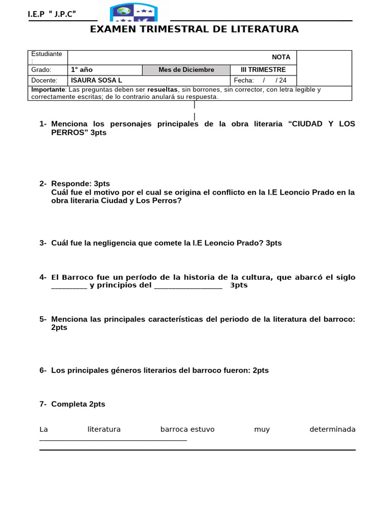 EXA. 1RO LITERATURA DICIEMBRE (1) | PDF