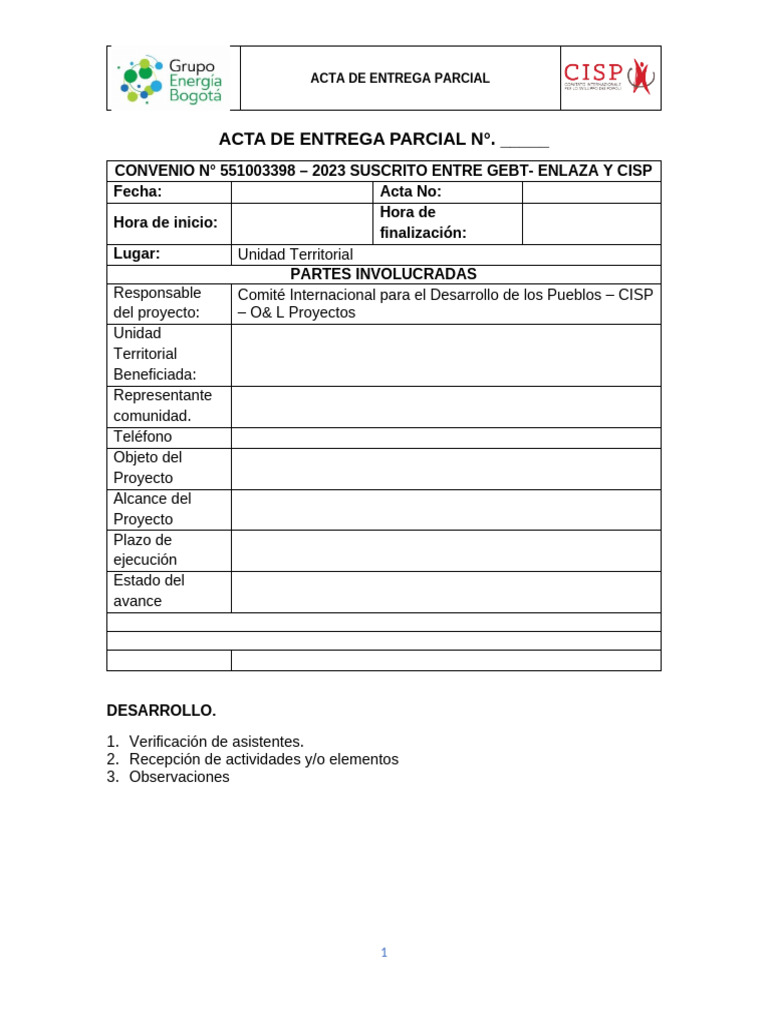 Acta de Entrega Parcial Obra Cisp - Enlaza | PDF