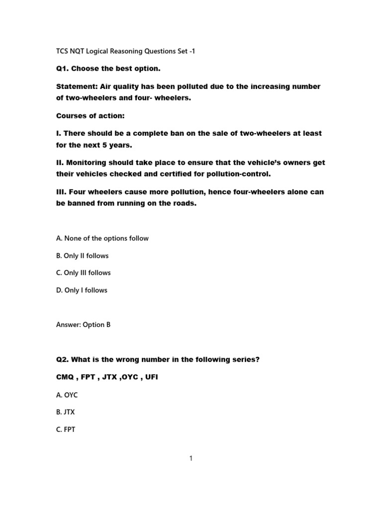 TCS NQT Logical Reasoning Questions Set - 1 | PDF