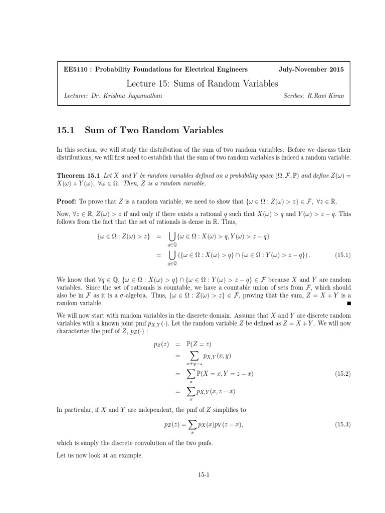 Lecture15 Sums of RVs | PDF | Probability Density Function | Summation