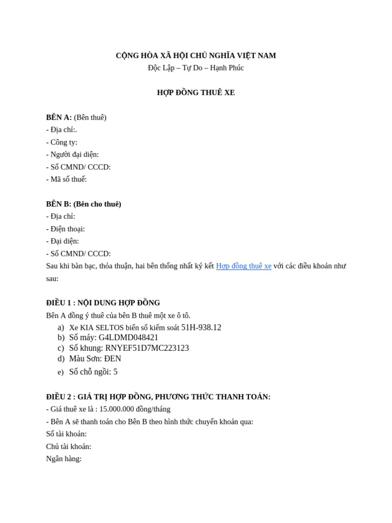 Hợp Đồng Thuê Xe | PDF