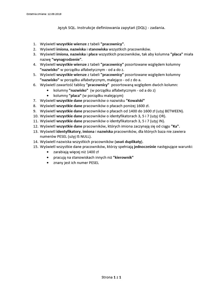 SQL DQL Zadania1 - SELECT | PDF