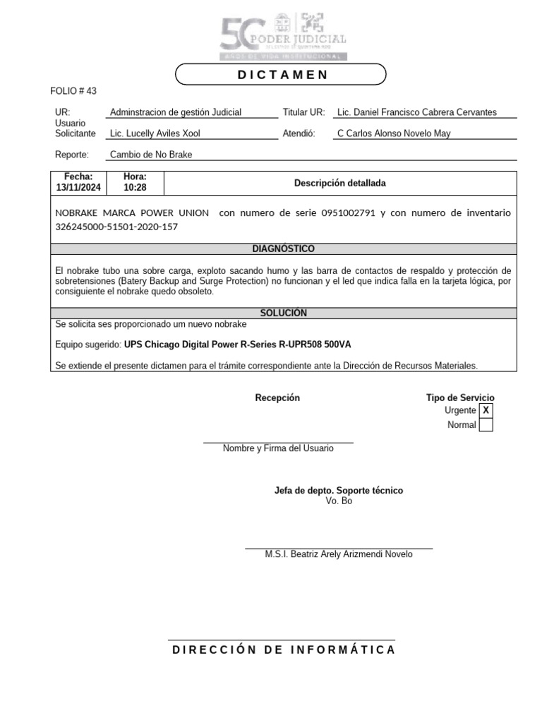 Dictamen 43 baja lucelly ups | PDF