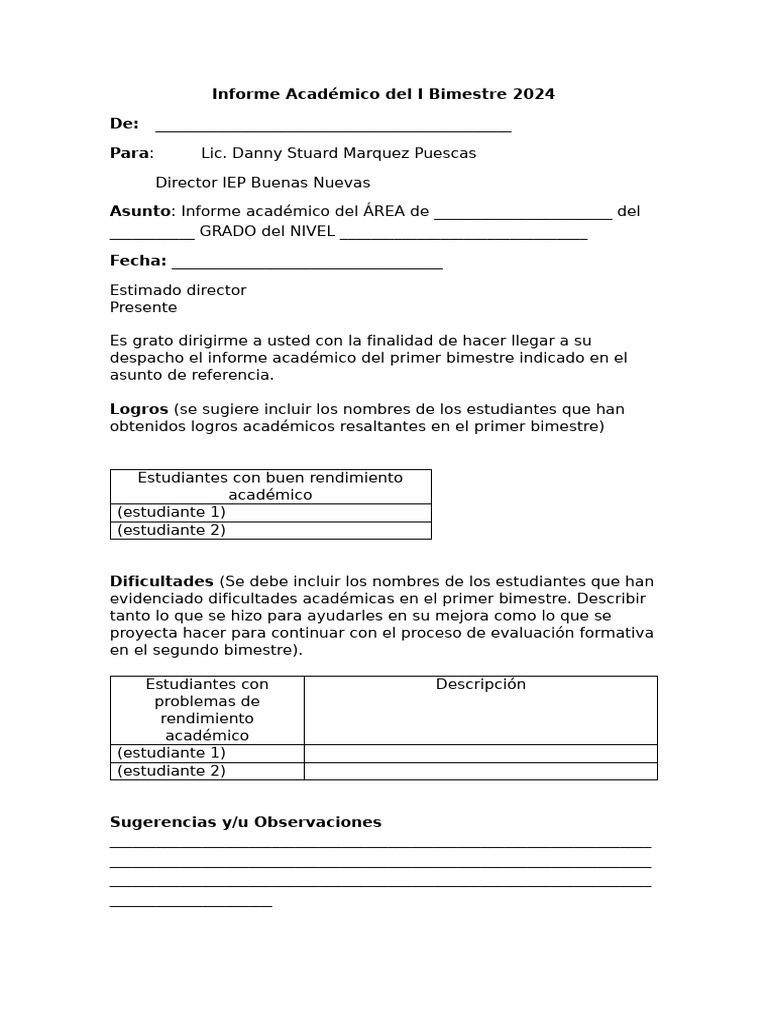FORMATO INFORME ACADÉMICO I BIMESTRE | PDF