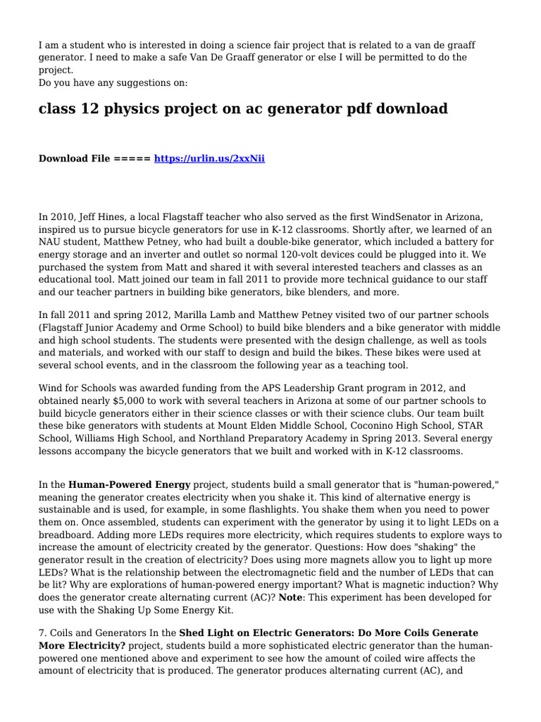 Class 12 Physics Project On Ac Generator PDF Download | PDF | Electric Generator | Electricity
