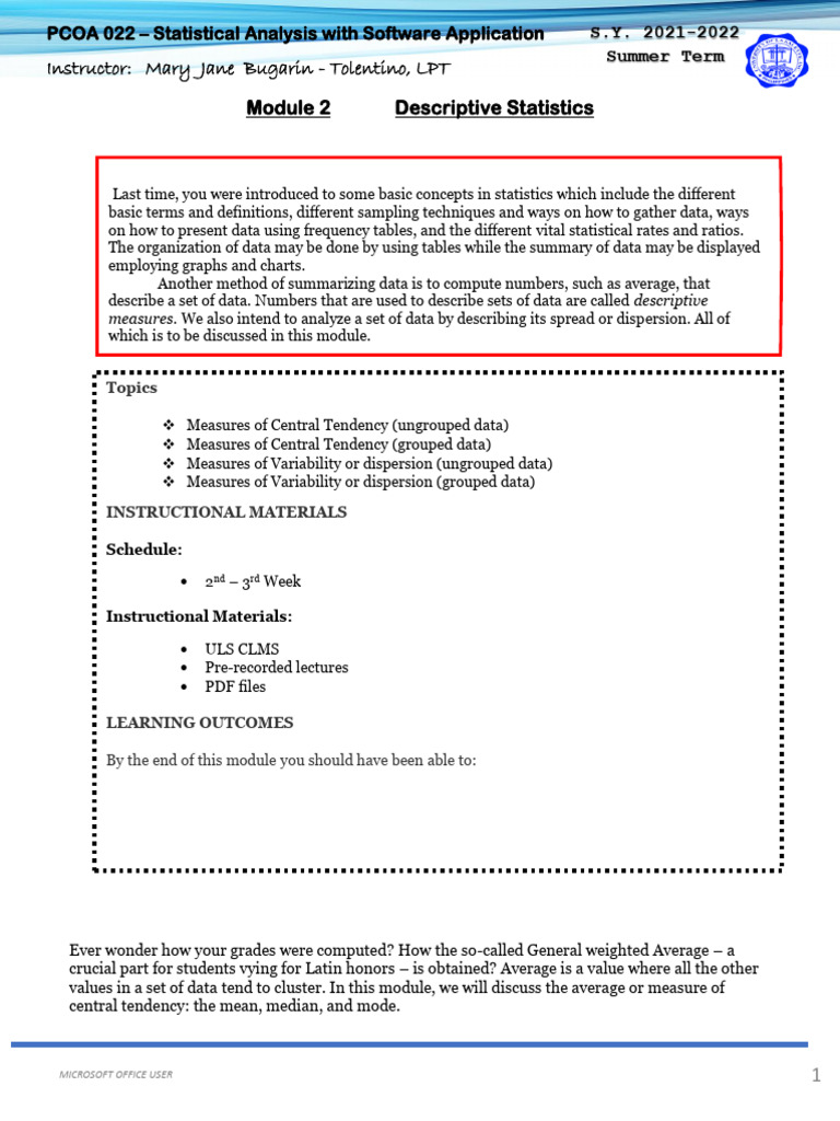 MODULE-2 Descriptive Statistics | PDF | Mode (Statistics) | Arithmetic Mean