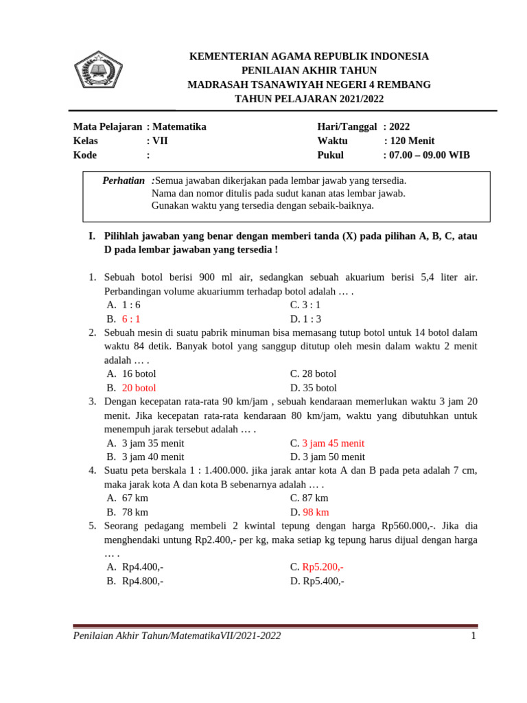 Soal PAT Matematika Kelas VII 2021-2022 (1) | PDF