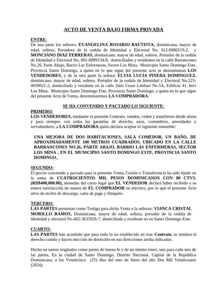 Acto de Venta Esposa Daniel Morillo | PDF | República Dominicana