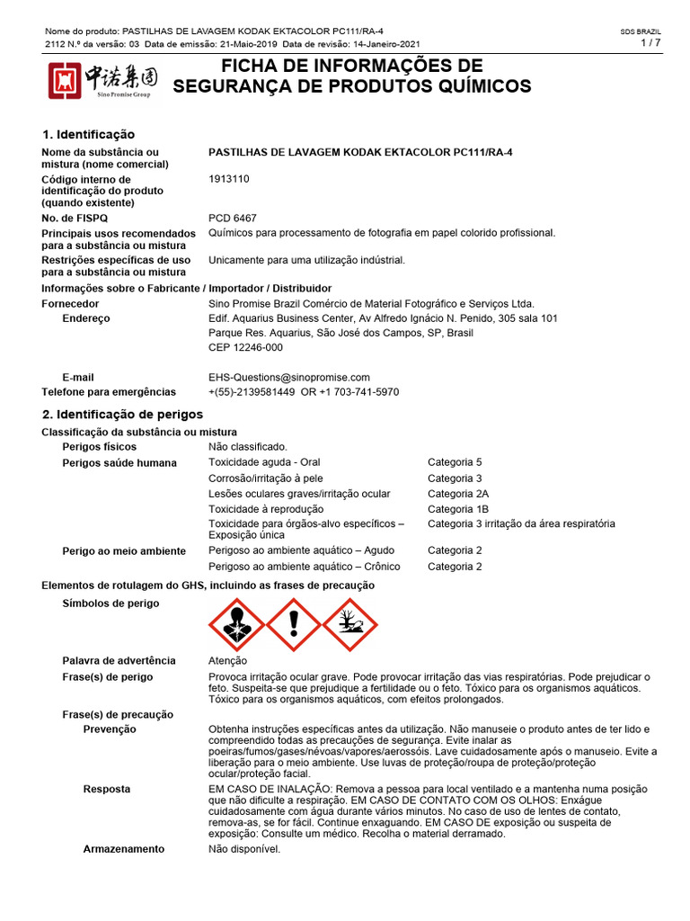 SDS Brazil Brazilian Portuguese - KODAK EKTACOLOR PC111 Rinse Tablets ...