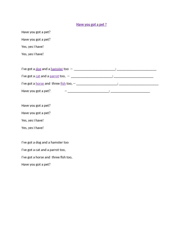 "Pet Song Lyrics for Kids" | PDF