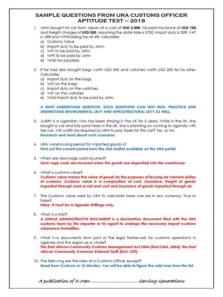URA Customs Officer Aptitude Test Questions | PDF | Taxes | Customs