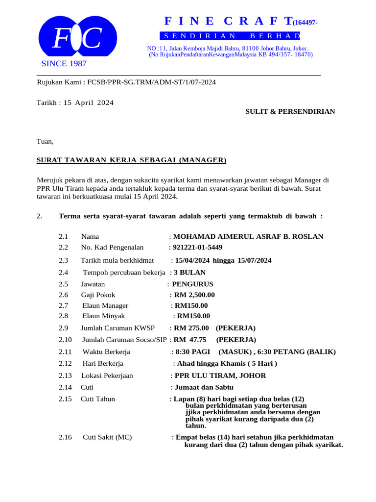 Surat Tawaran Aimerul Asraf | PDF