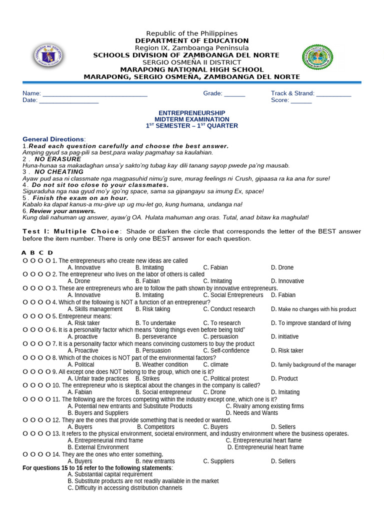 Entrep Exam 1st QTR 23-24 | PDF | Focus Group | Marketing