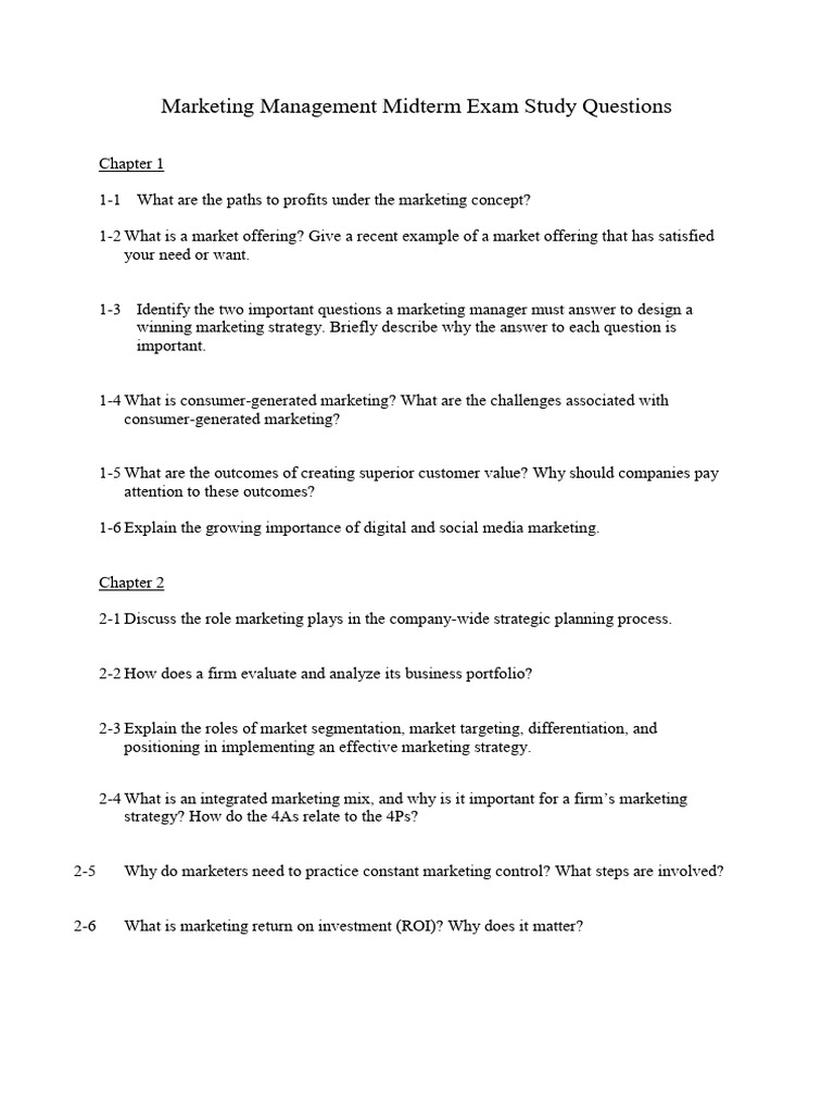 Marketing Management Midterm Exam Study Questions | PDF | Marketing | Market Segmentation