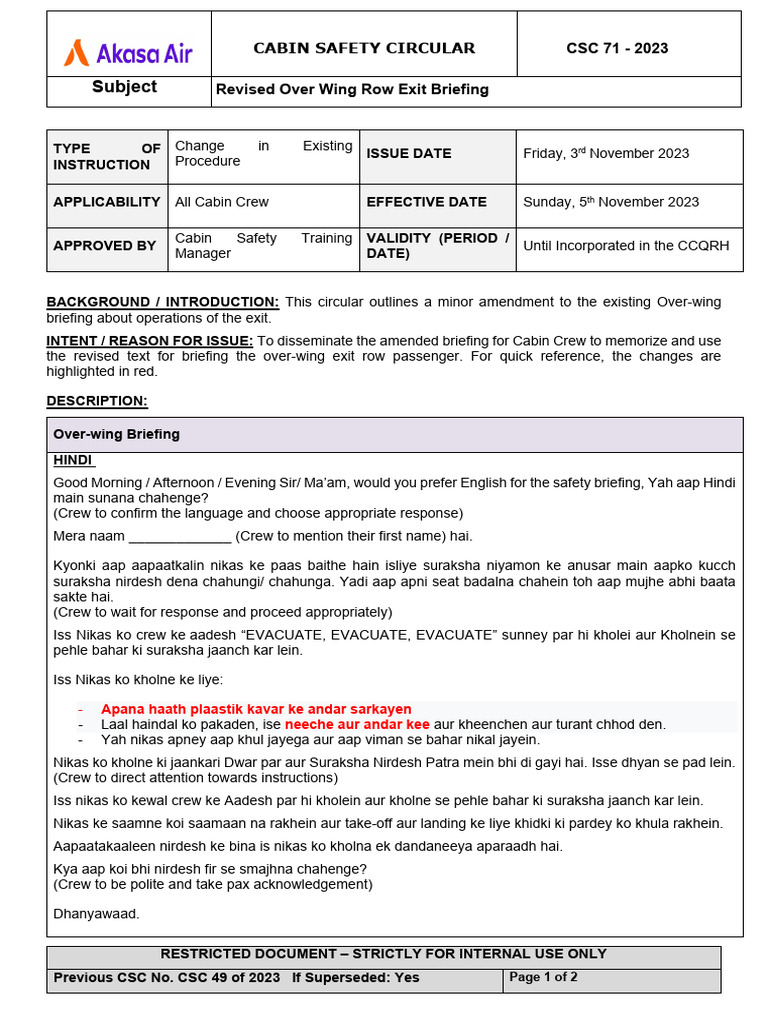 CSC 71-2023 - Revised Over Wing Exit Row Briefing-1 | PDF