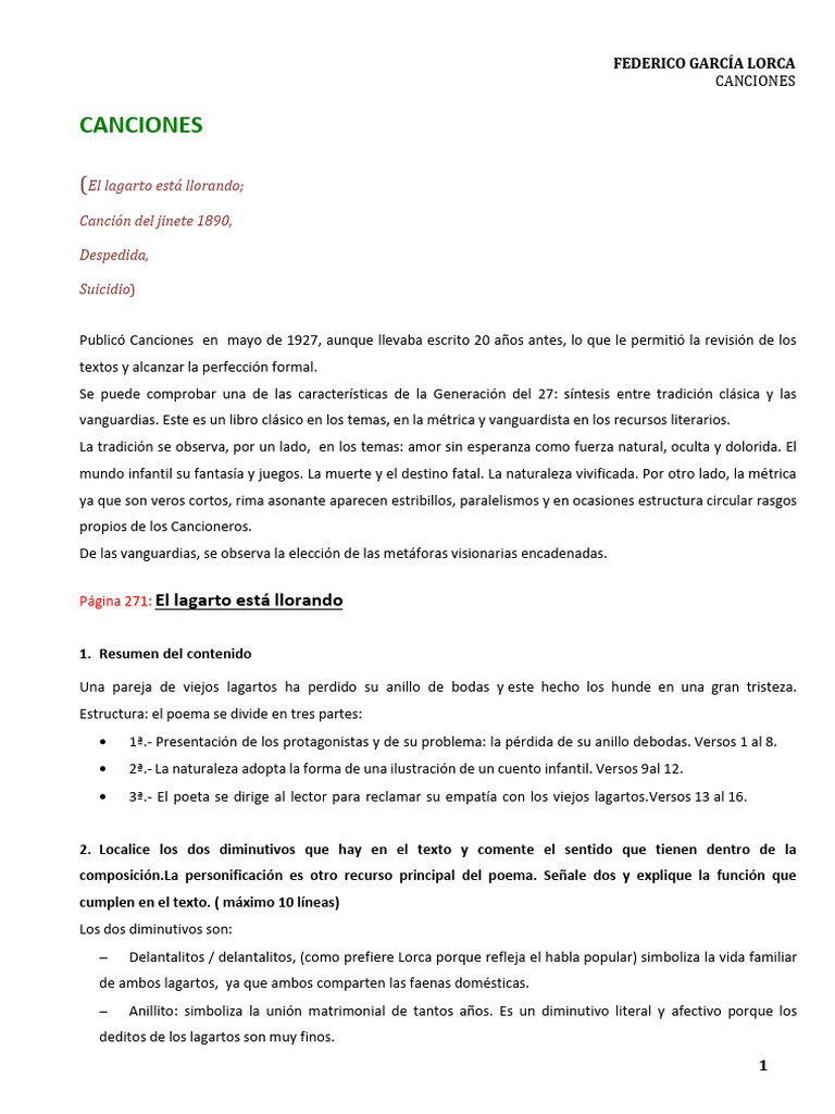 Análisis de "Canciones" de Lorca | PDF | Metro (poesía) | Federico ...