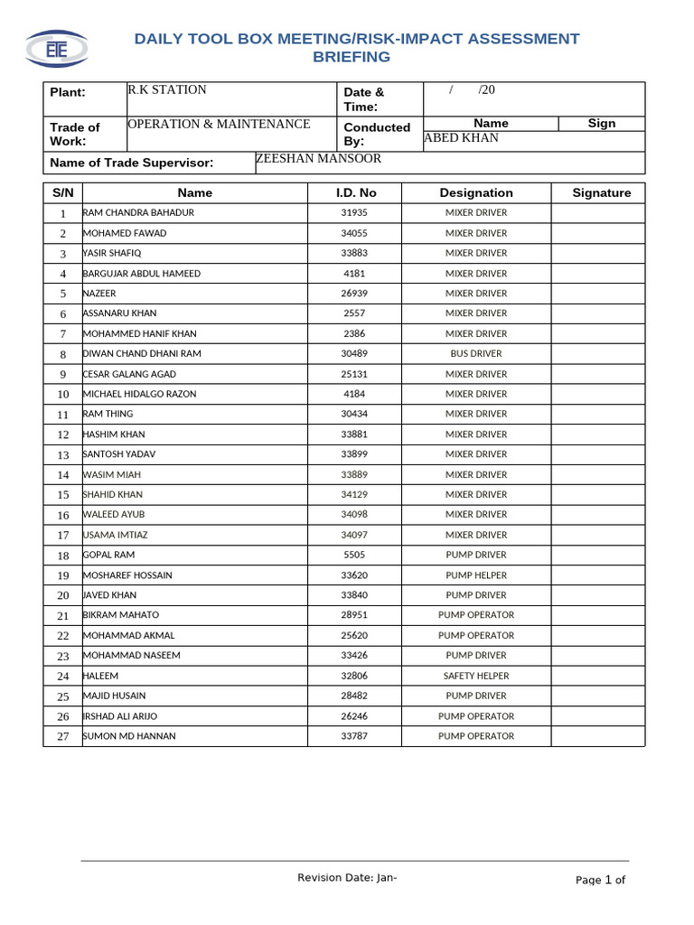 Daily Tool Box Meeting Mass EHS Talk Attendance | PDF