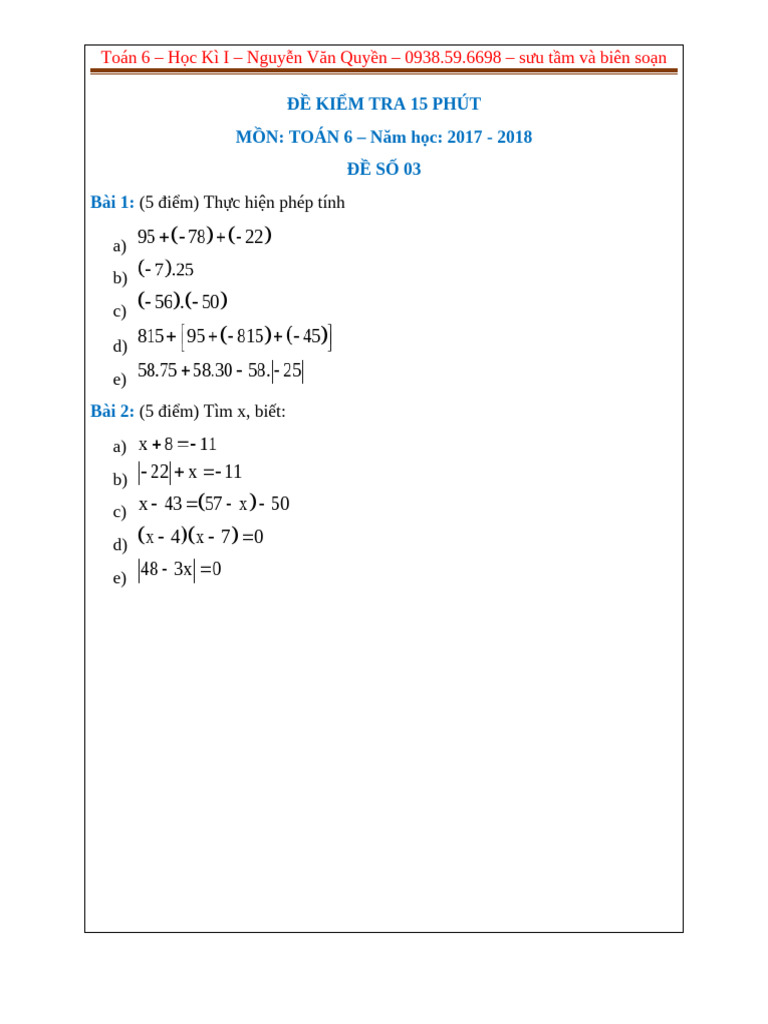 TOÁN 6 KT 15P CHƯƠNG 2 ĐỀ SỐ 03 | PDF