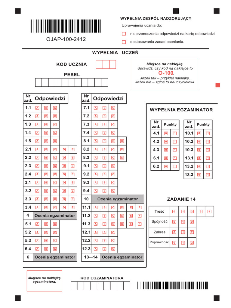 OJAP 100 X 2412 Karta Odpowiedzi | PDF