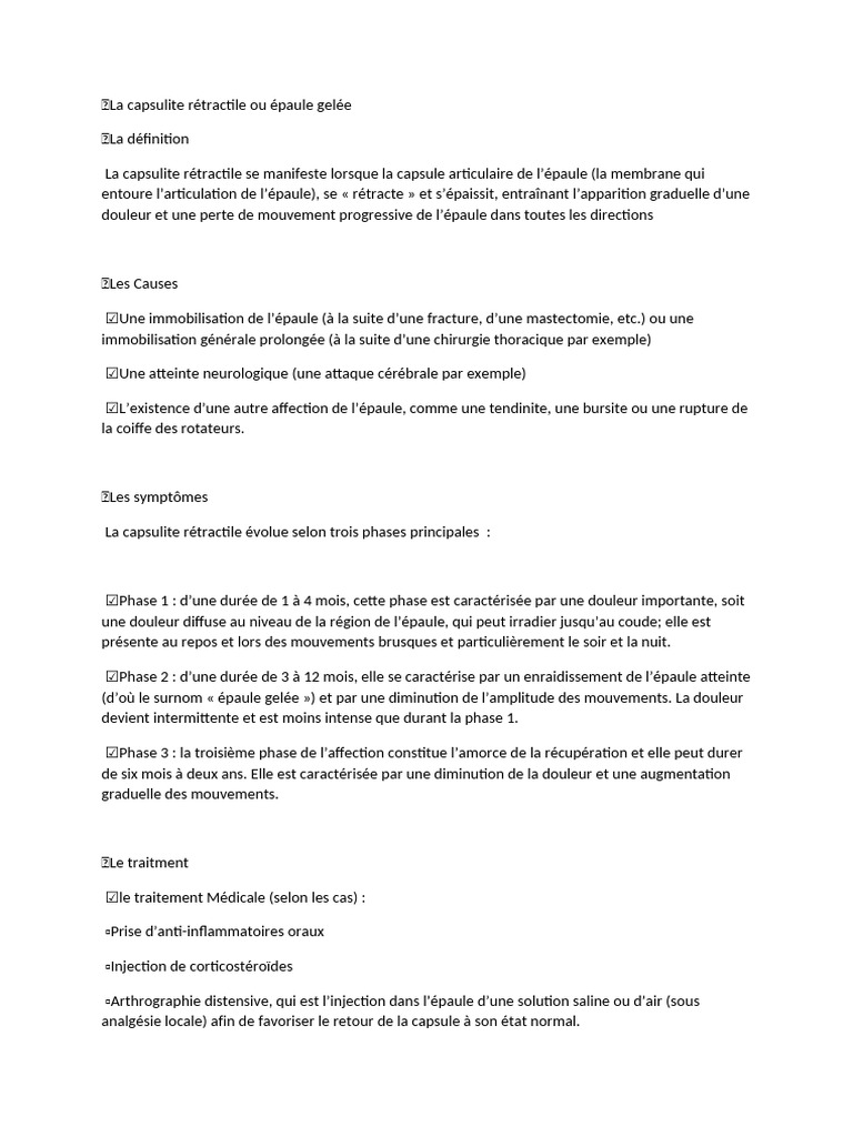 Capsulite rétractile : symptômes et traitements | PDF