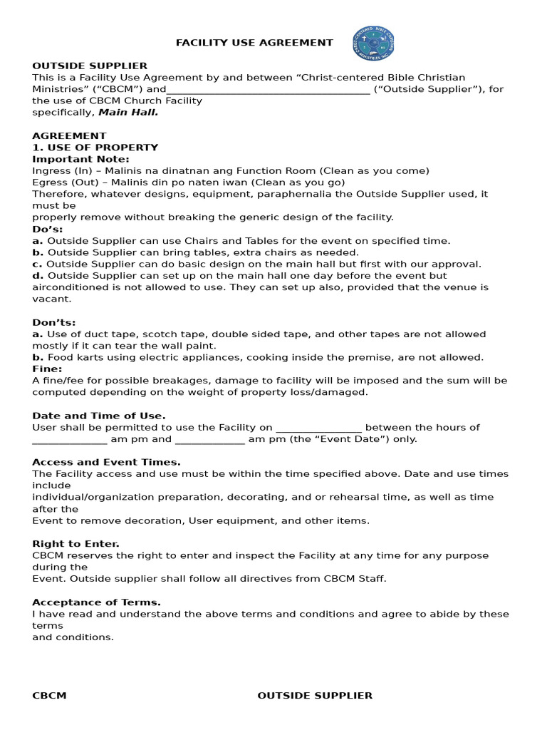 Facility Use Agreement - Cbcm | PDF