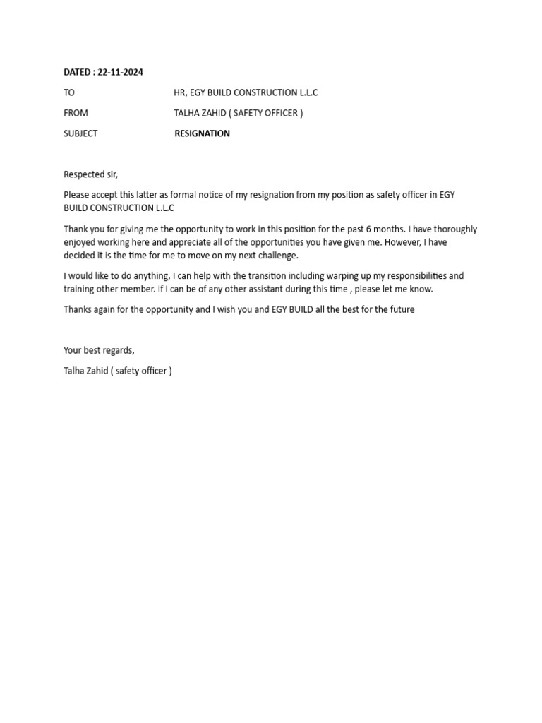 Resignation Latter Talha Zahid Safety Officer | PDF