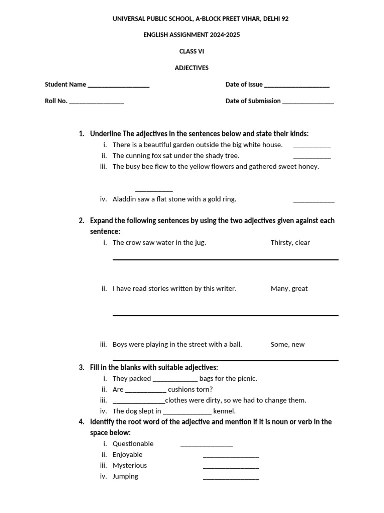 Adjective Assignment for Class VI | PDF
