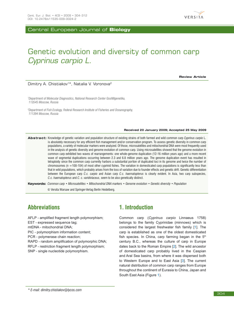 Genetic Evolution and Diversity of Common Carp: Cyprinus Carpio L | PDF ...
