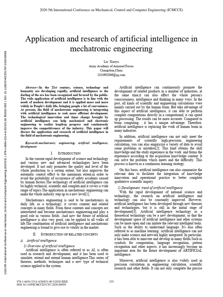 Application and research of artificial intelligence in mechatronic engineering | PDF | Fuzzy ...